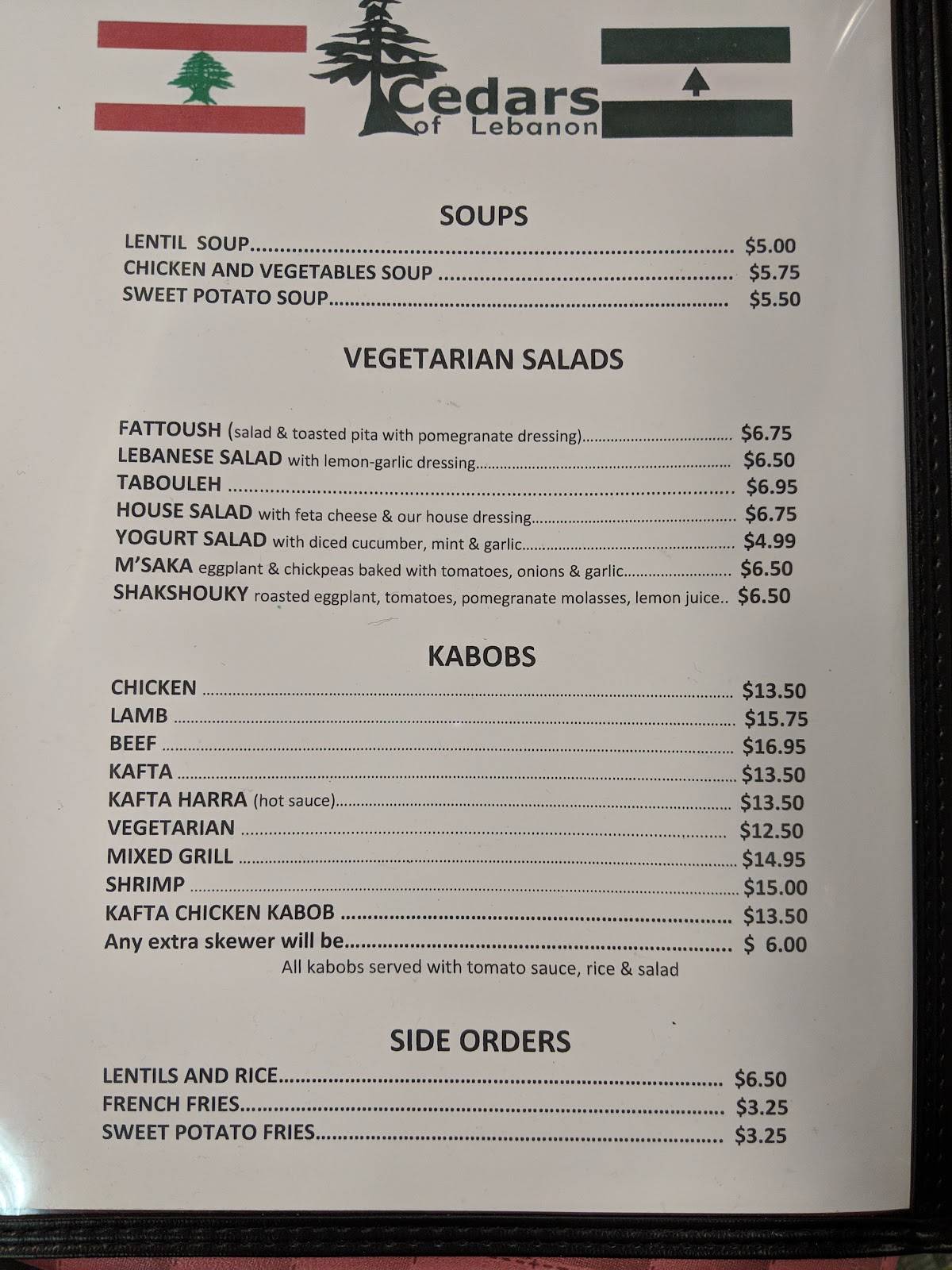 Menu at Cedars of Lebanon restaurant, Greenbelt