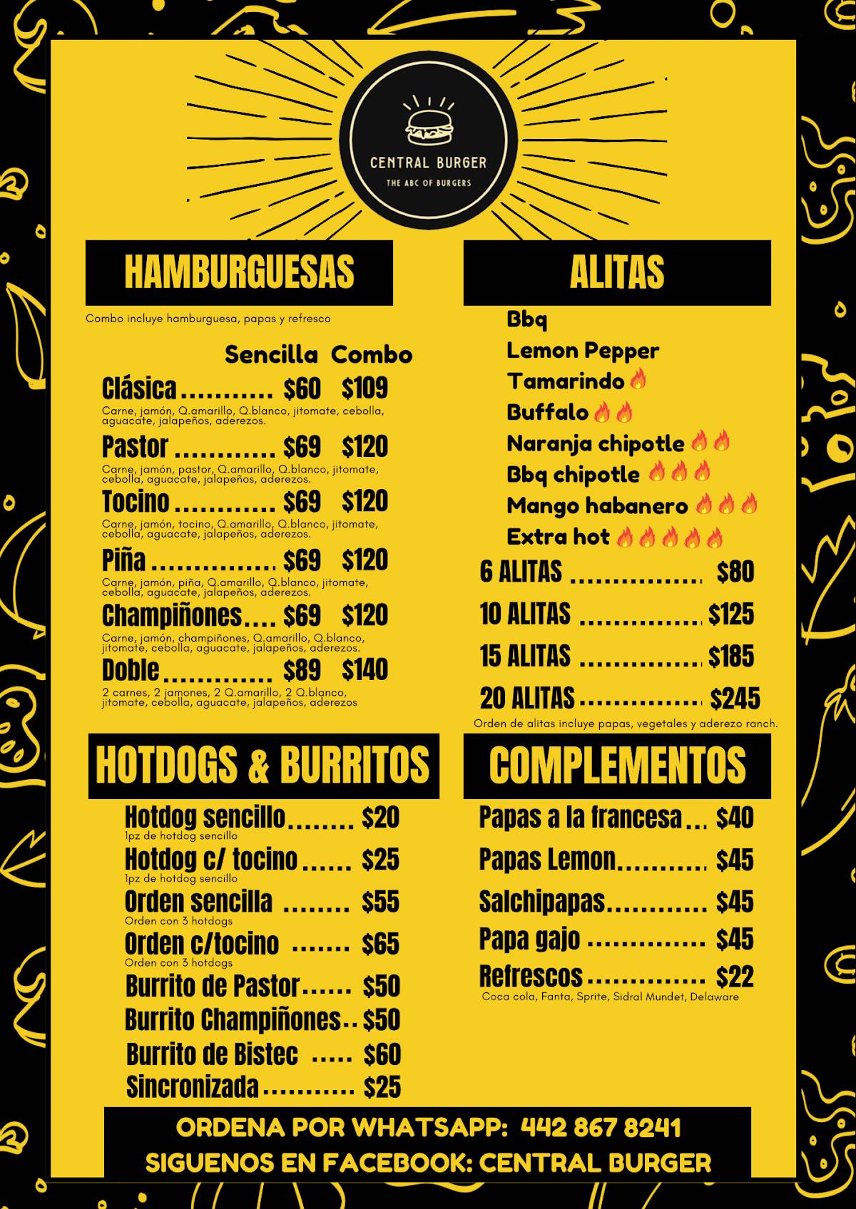 Carta del restaurante Central Burger, Santiago del Querétaro