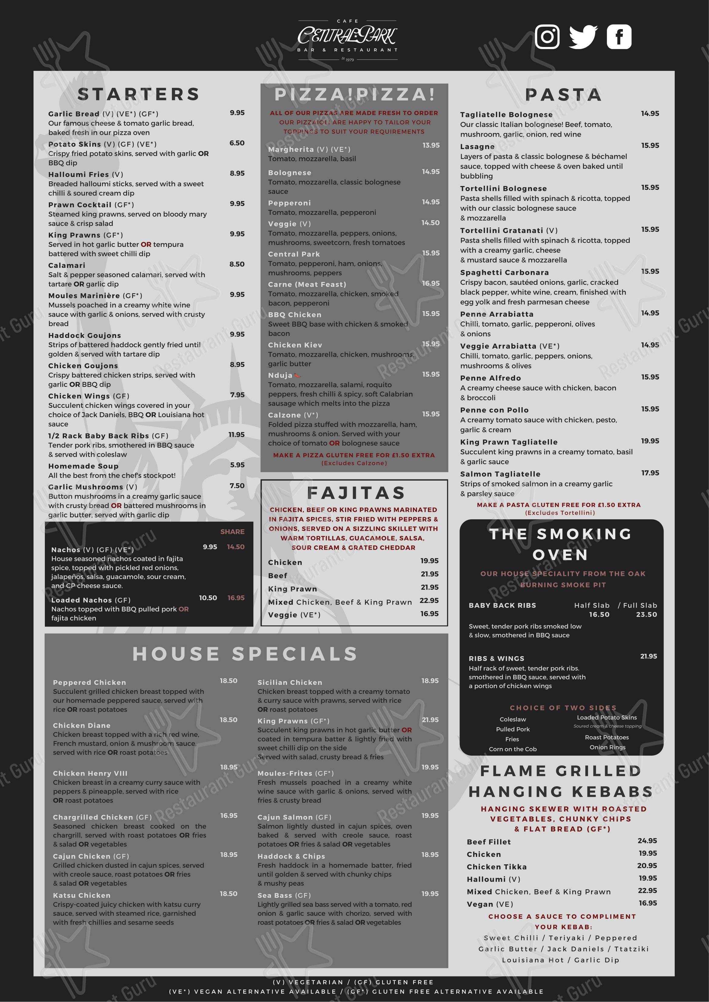 Menu at Central Park restaurant, Middlesbrough