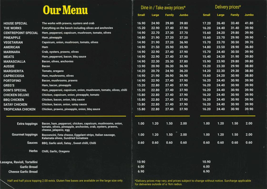 Menu at Centrepoint Pizza pizzeria, Midland