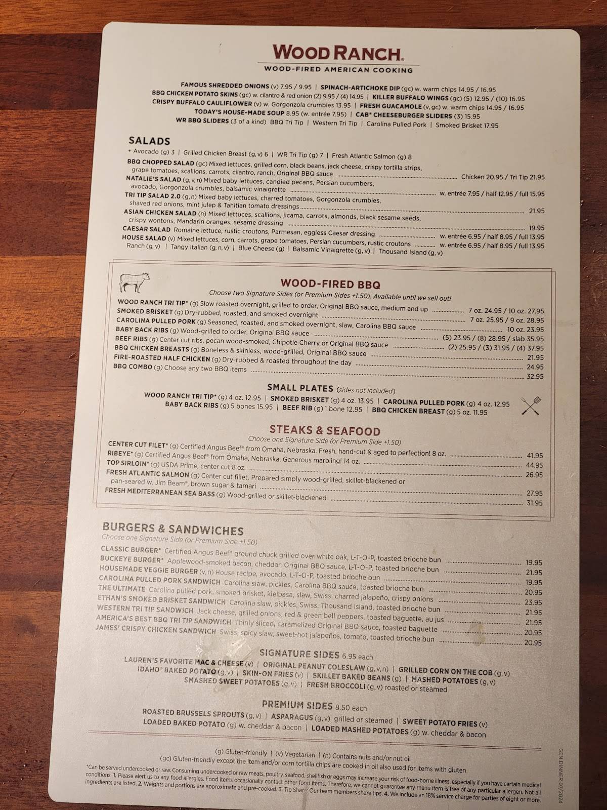 Menu at Wood Ranch BBQ, Cerritos