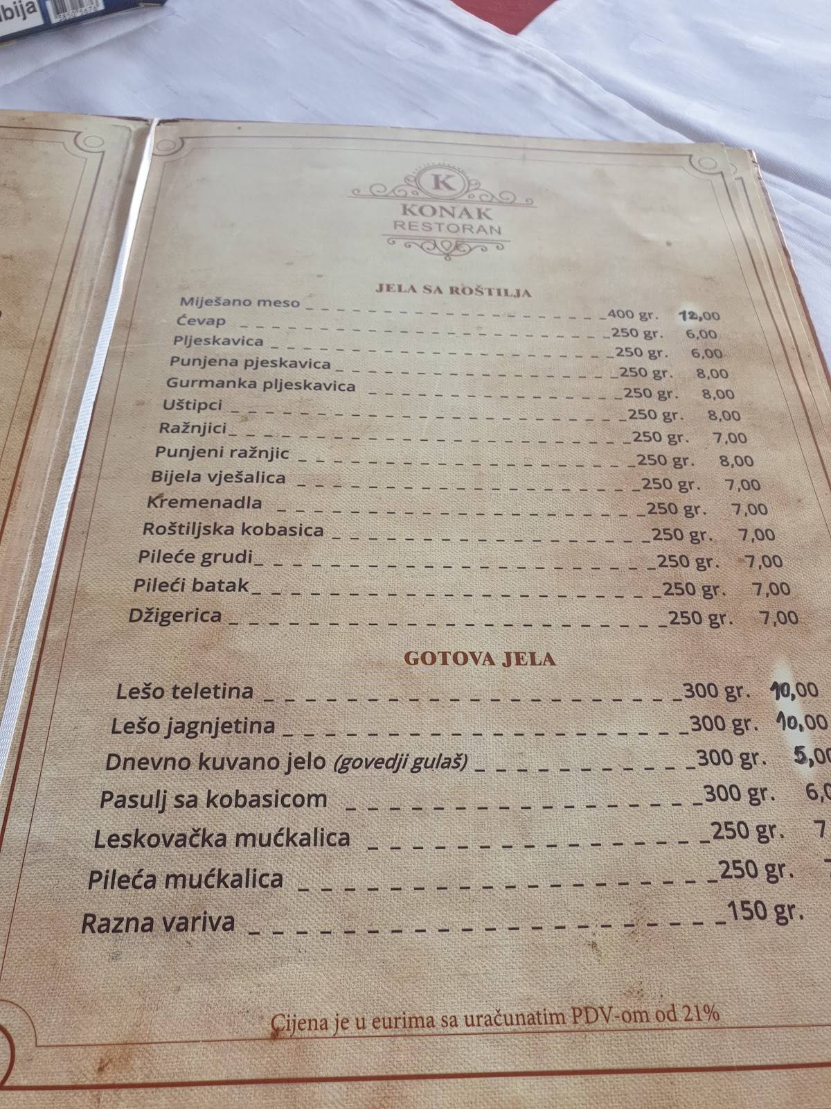 Menu at Restaurant Konak, Cetinje