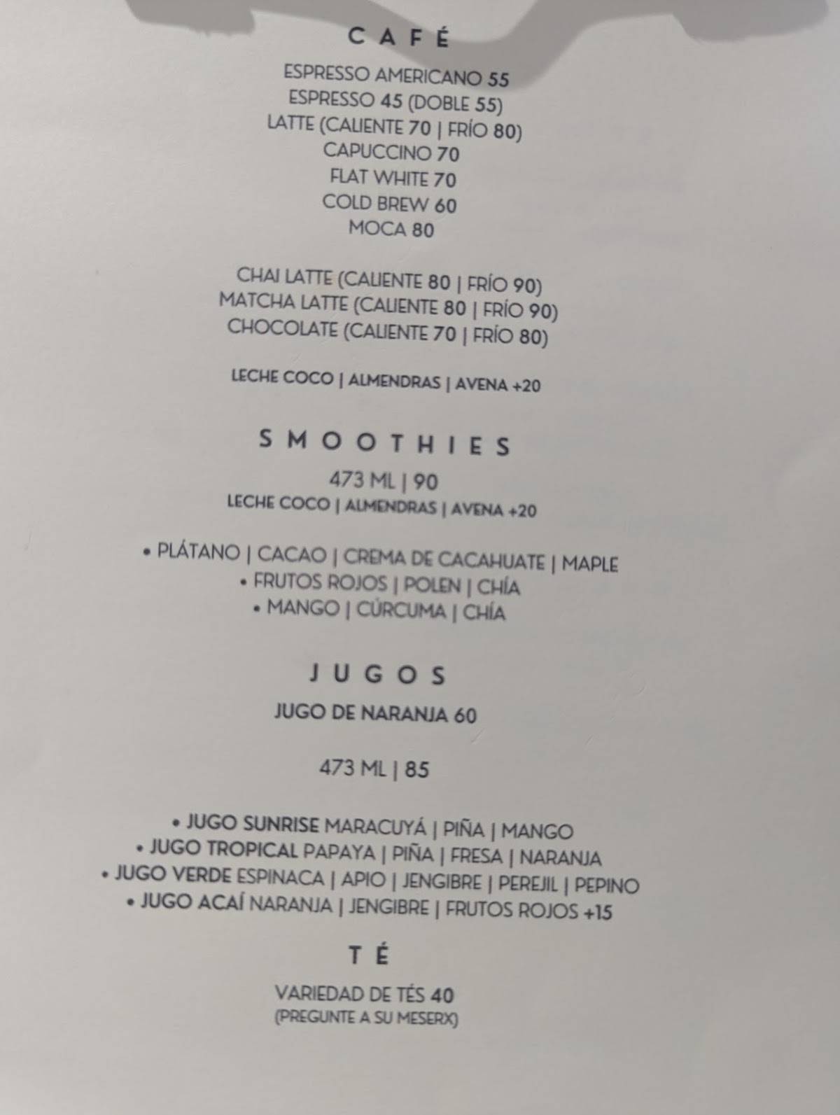 Menu at Cha' restaurant, Puerto Vallarta