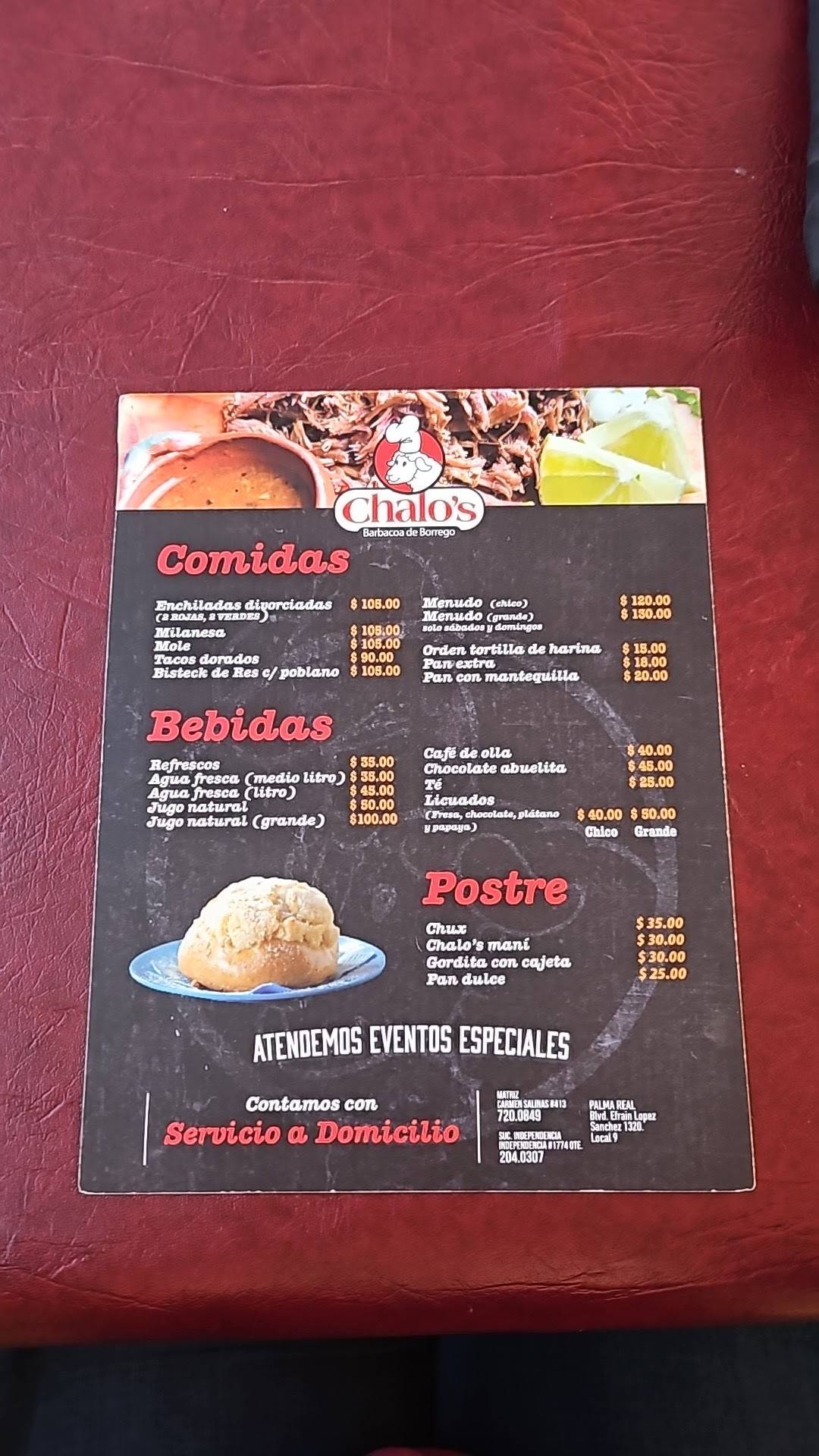 Carta del restaurante Chalo's, Torreón