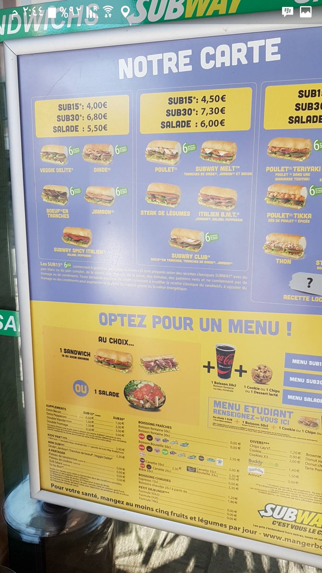 Menu at Subway restaurant, Chamonix