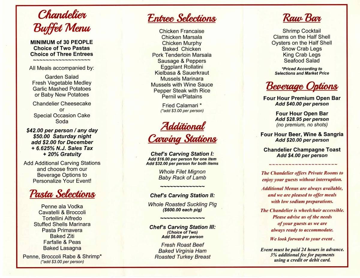 Menu at Chandelier Catering restaurant, Bayonne