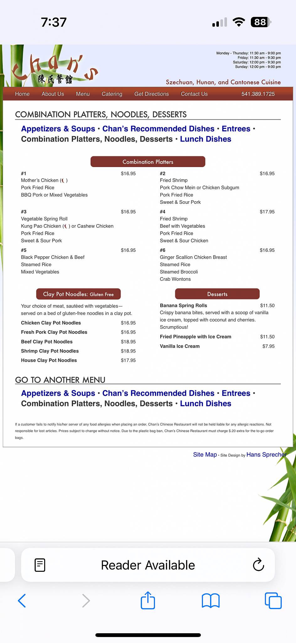 Menu at Chan's Of Bend restaurant, Bend