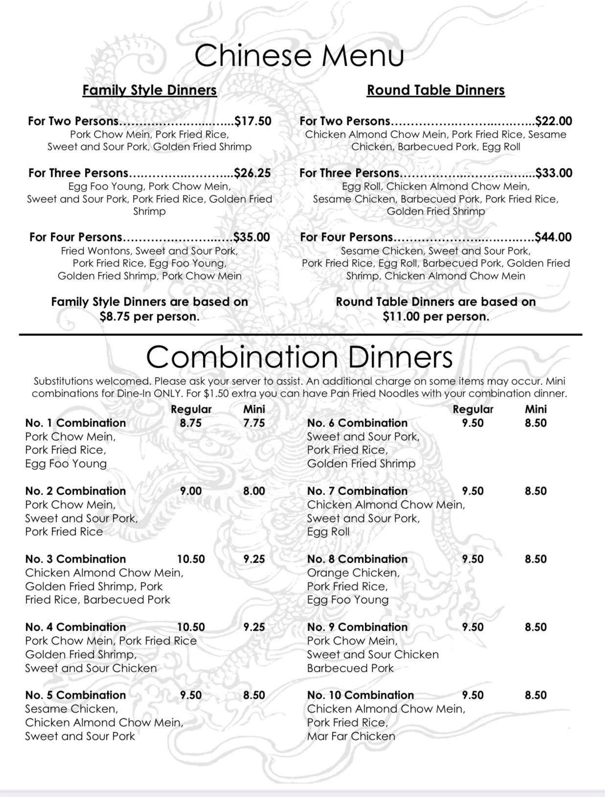 Menu at Chan's Restaurant, Silverton