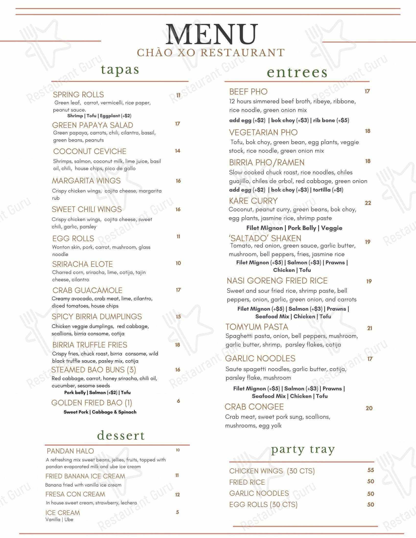 Menu at Chào XO Asian Fusion restaurant, National City