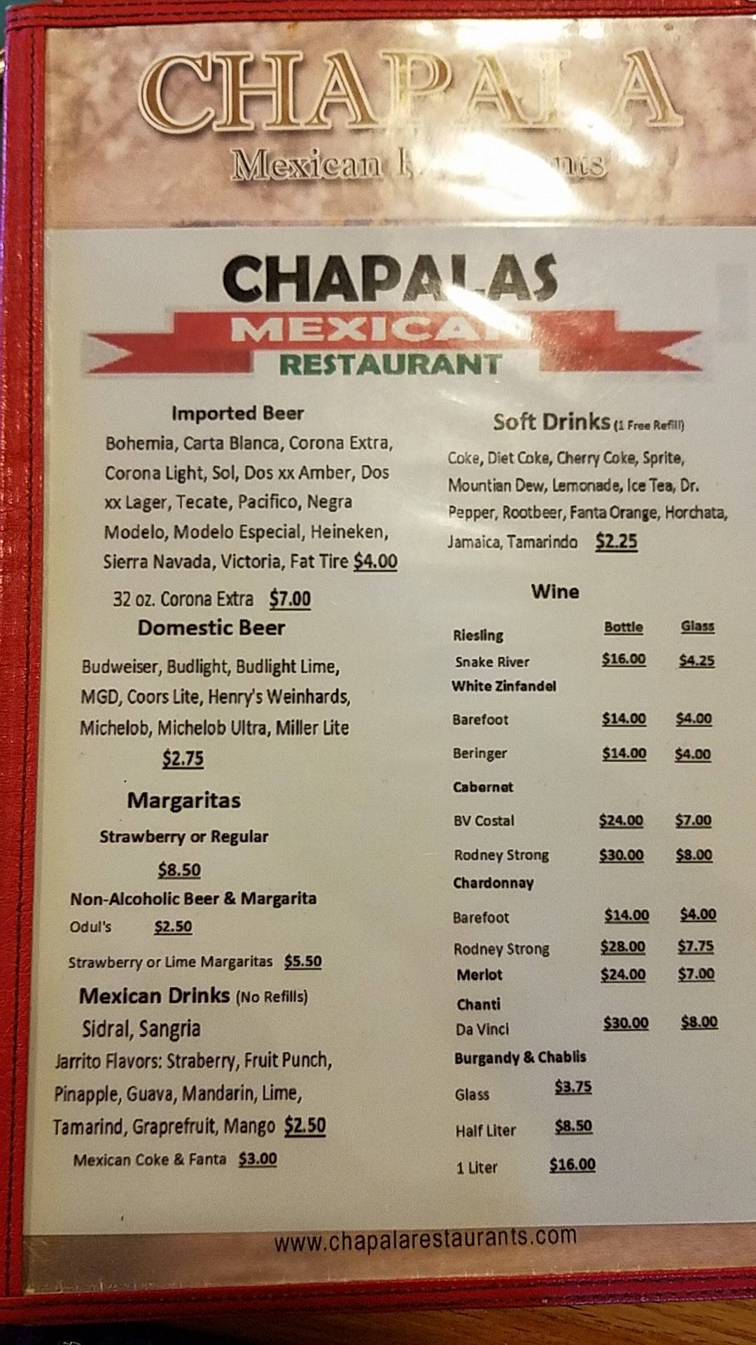 Menu at Chapala Mexican Restaurant Pocatello, Pocatello
