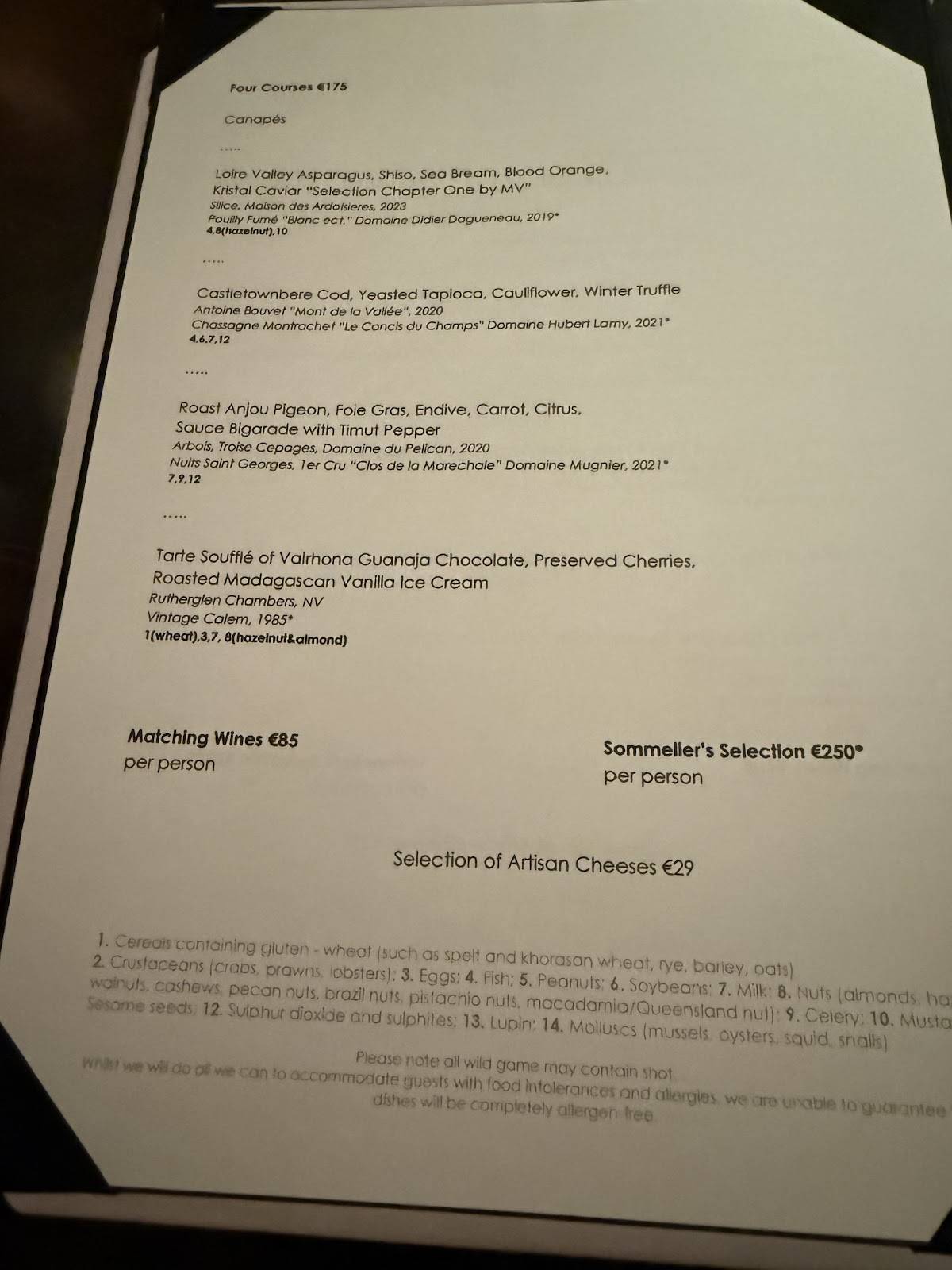 Menu at Chapter One Restaurant, Dublin