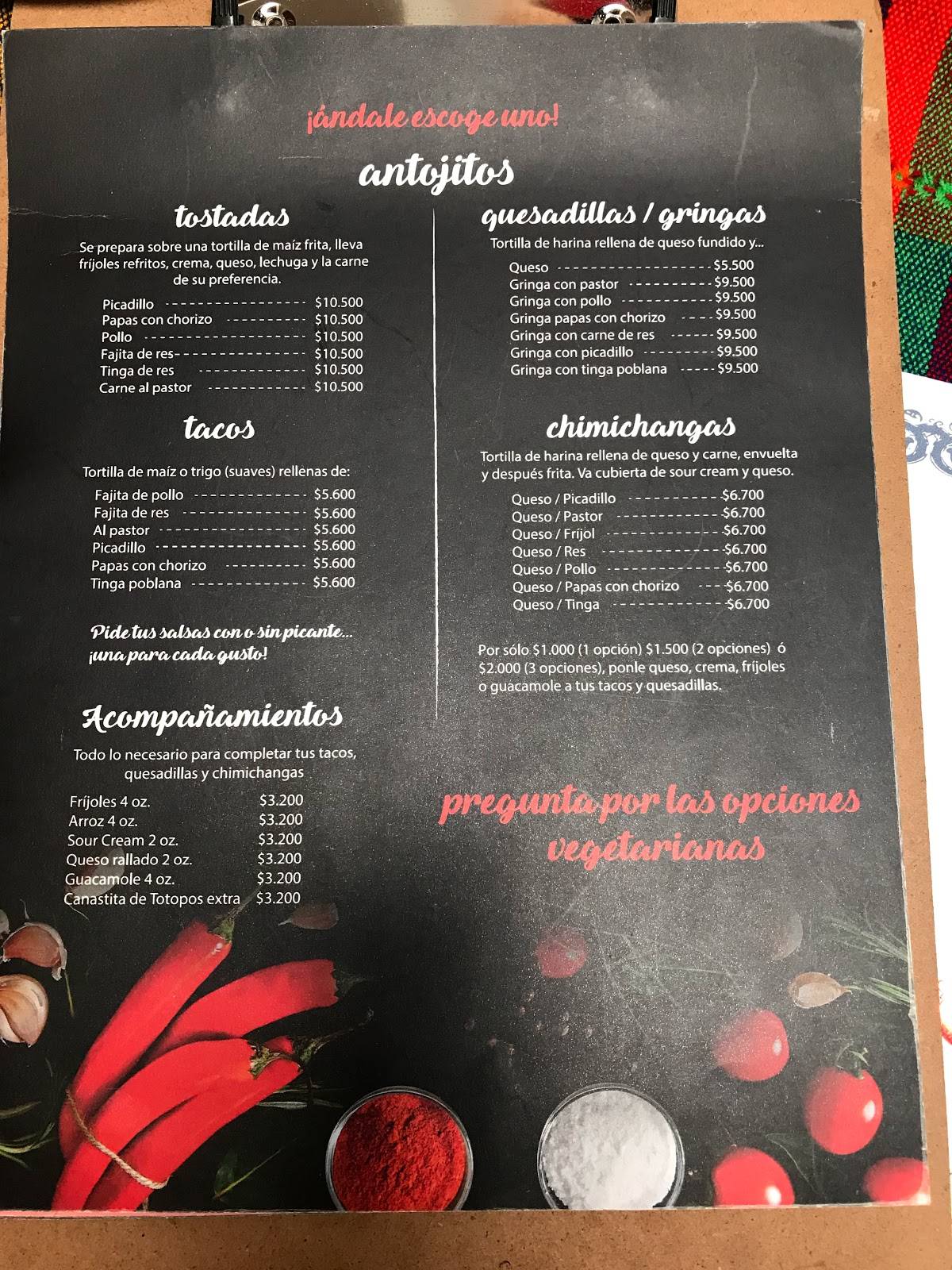Menu at Chapultepec Cocina Mexicana restaurant, Bogotá, Cra. 11a #97 - 45