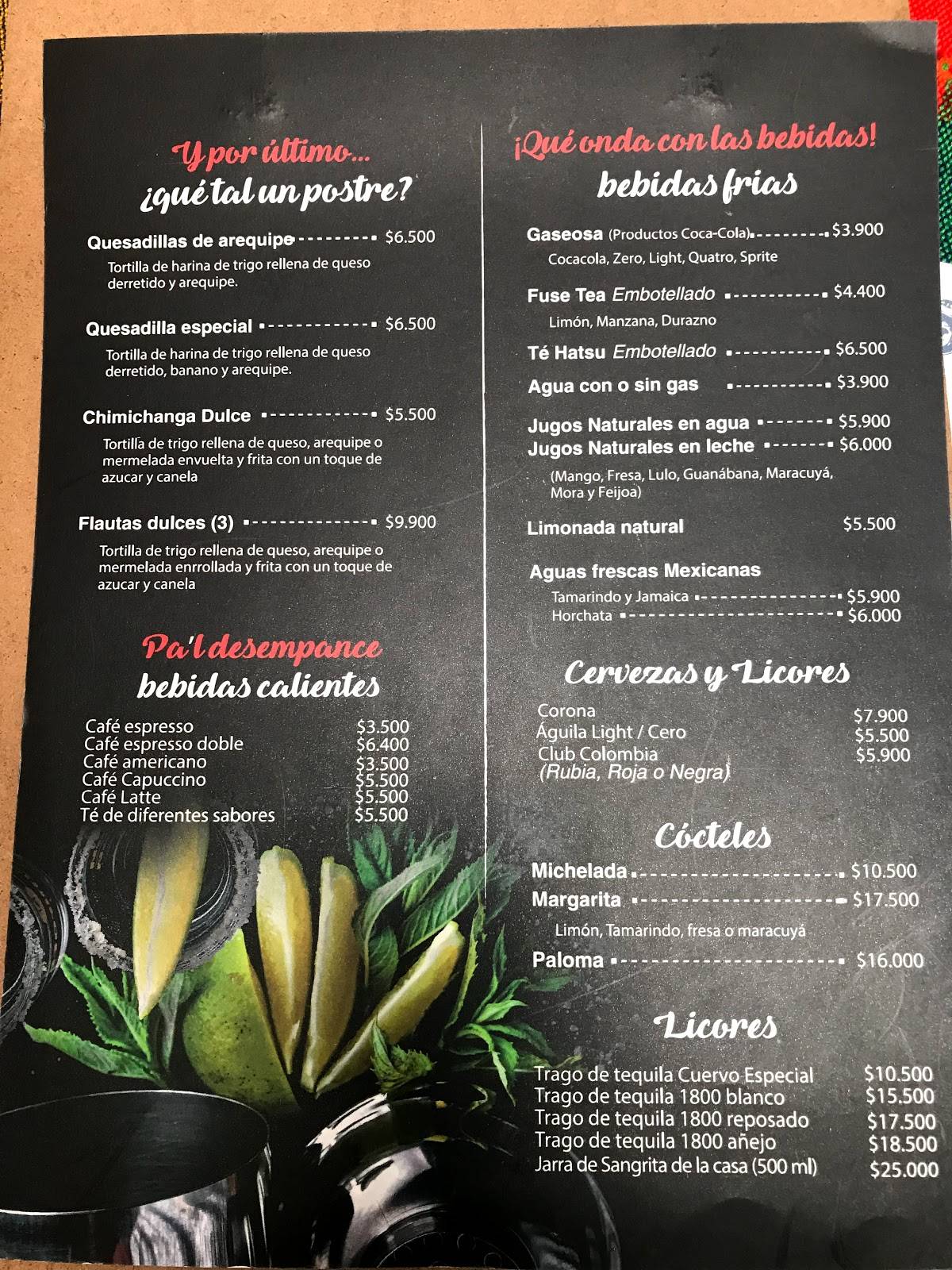 Menu at Chapultepec Cocina Mexicana restaurant, Bogotá, Cra. 11a #97 - 45