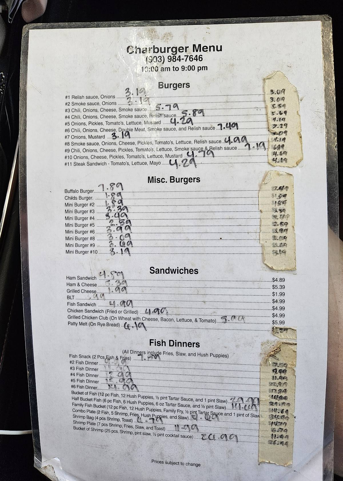 Menu at Char-Burger Stockade restaurant, Kilgore