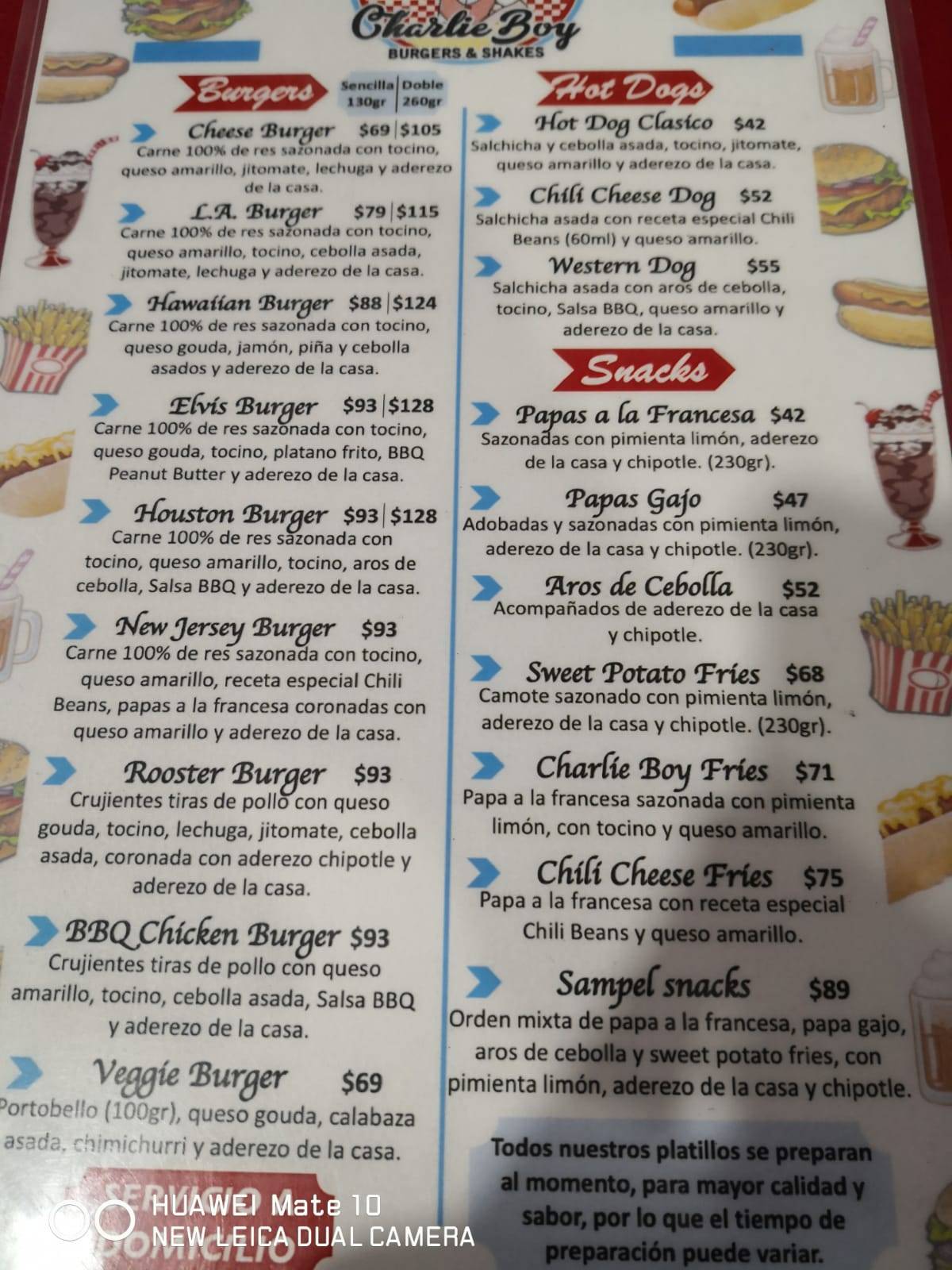 Carta del restaurante Charlie Boy Burgers & Shakes, Zapopan