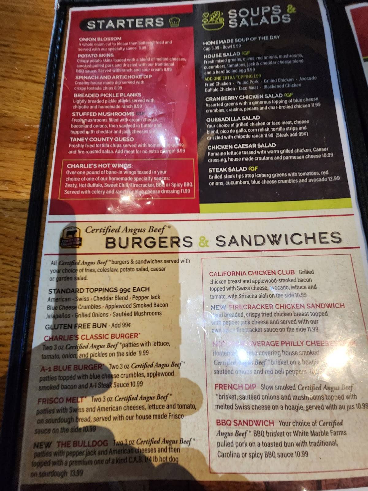 Menu at Charlie's Steak, Ribs & Ale steakhouse, Branson