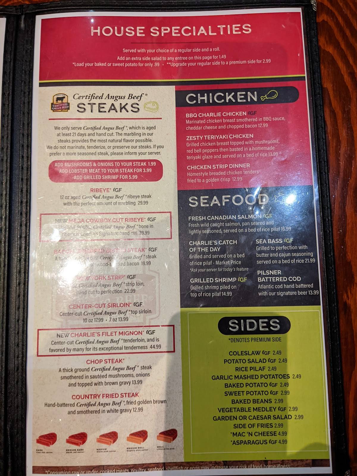 Menu at Charlie's Steak, Ribs & Ale steakhouse, Branson