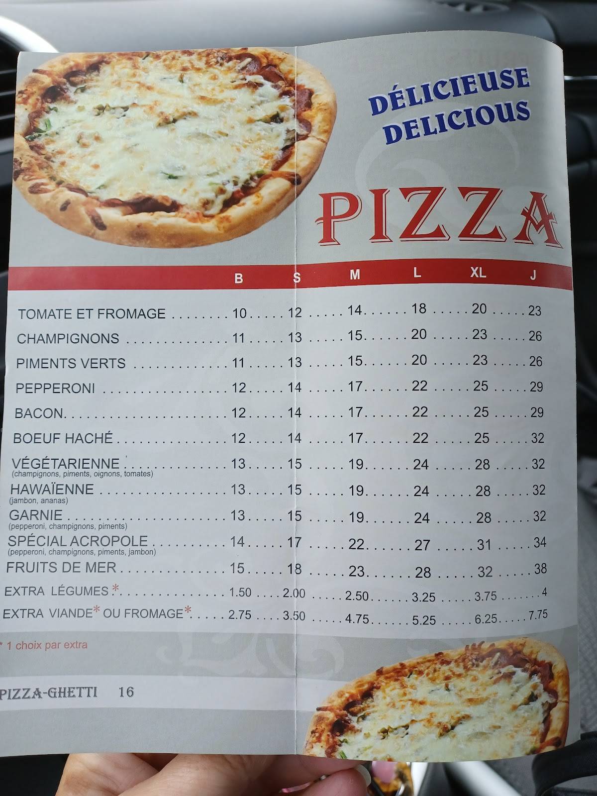 Menu au Château Acropole pizzeria, Coaticook