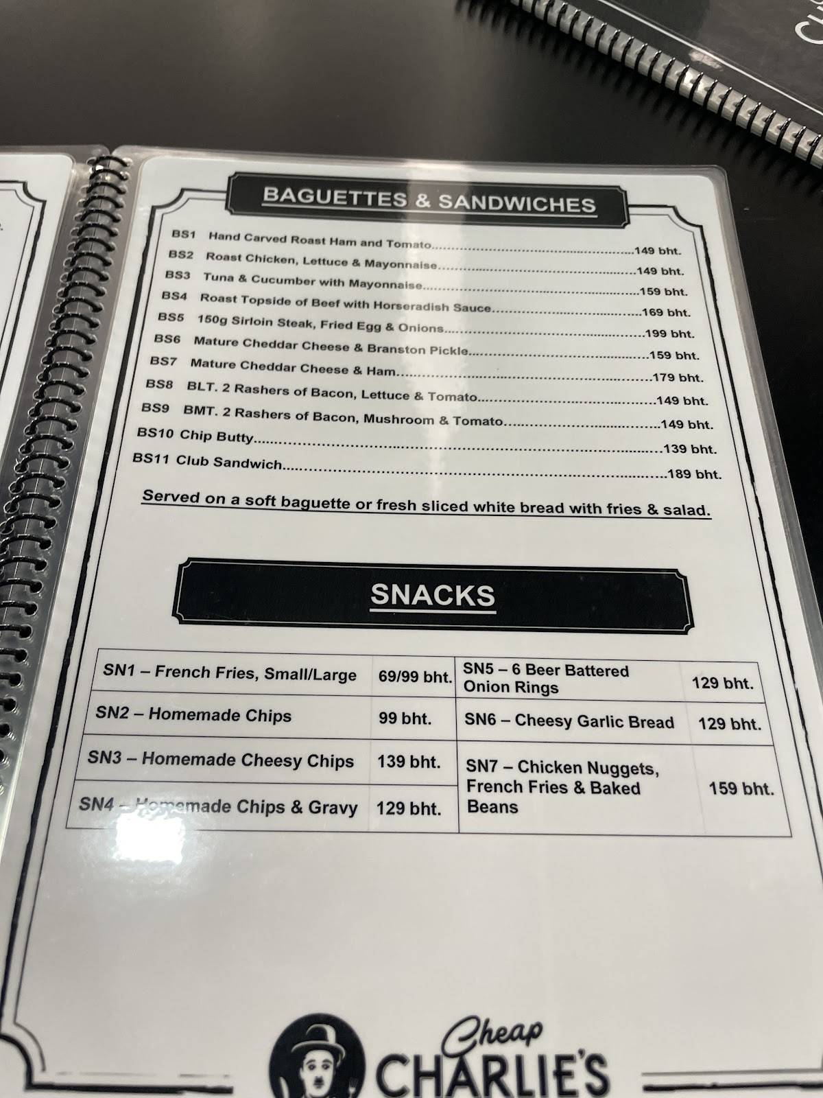 Menu at Cheap Charlie's Darkside restaurant, Pattaya City