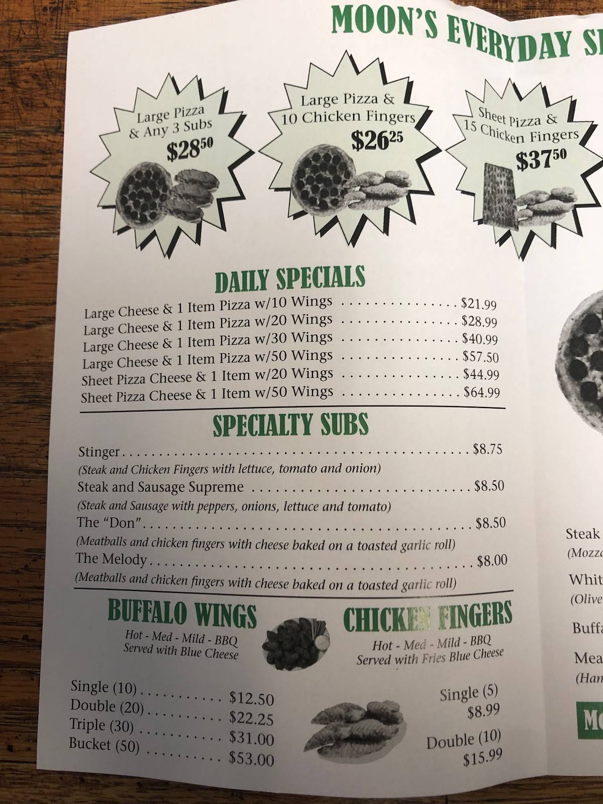 Menu at Moons Pizza pizzeria, Depew