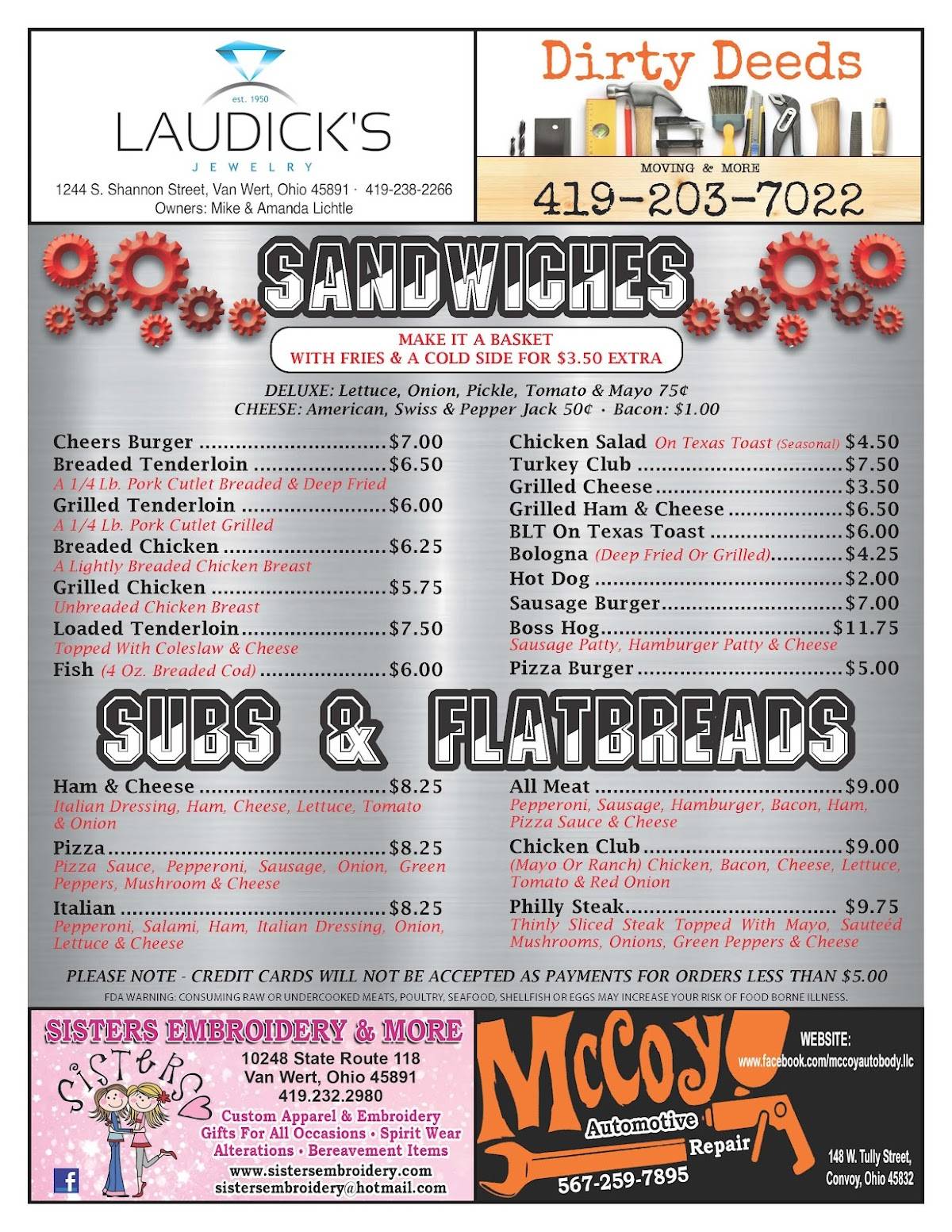 Menu at Cheers and Gears Bar and Grill, Convoy