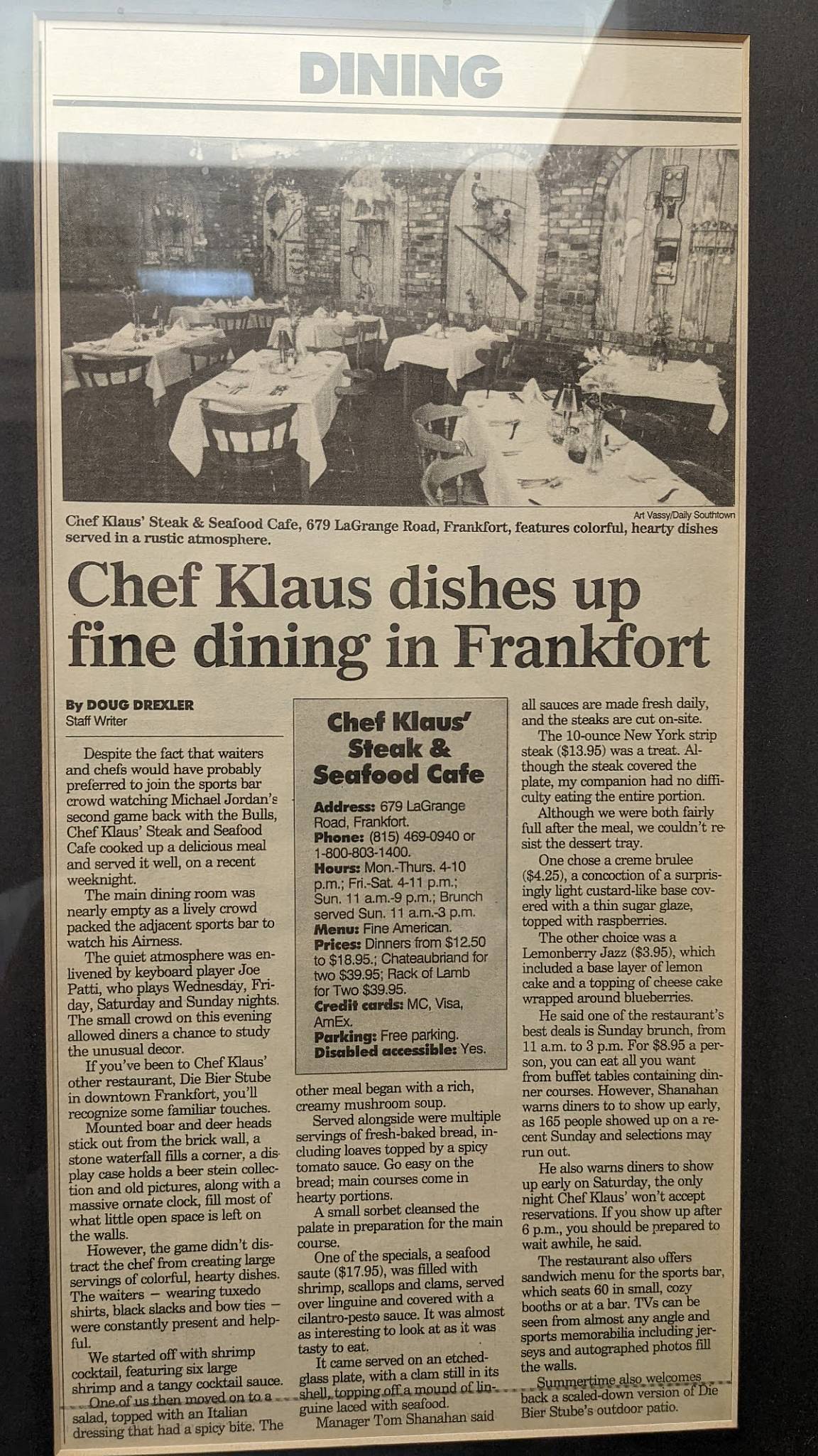 Menu at Chef Klaus' Bier Stube restaurant, Frankfort