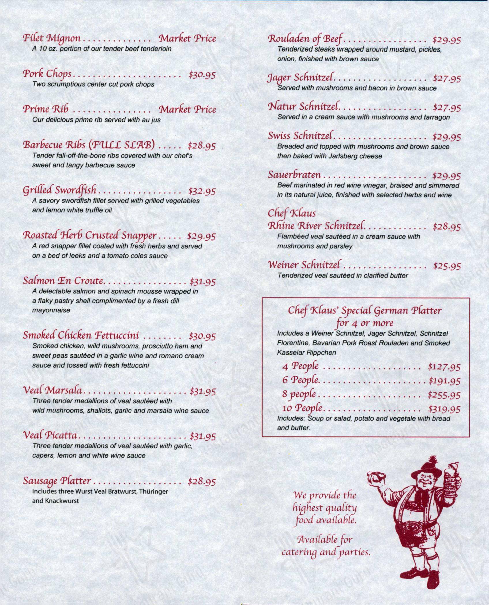 Menu at Chef Klaus' Bier Stube restaurant, Frankfort