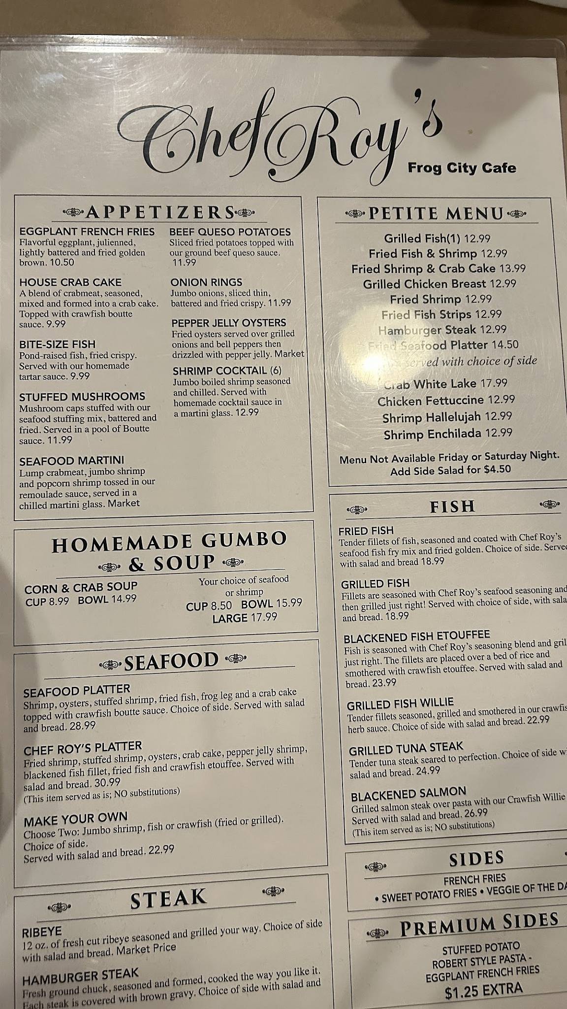 Menu at Chef Roy's Frog City Cafe, Rayne