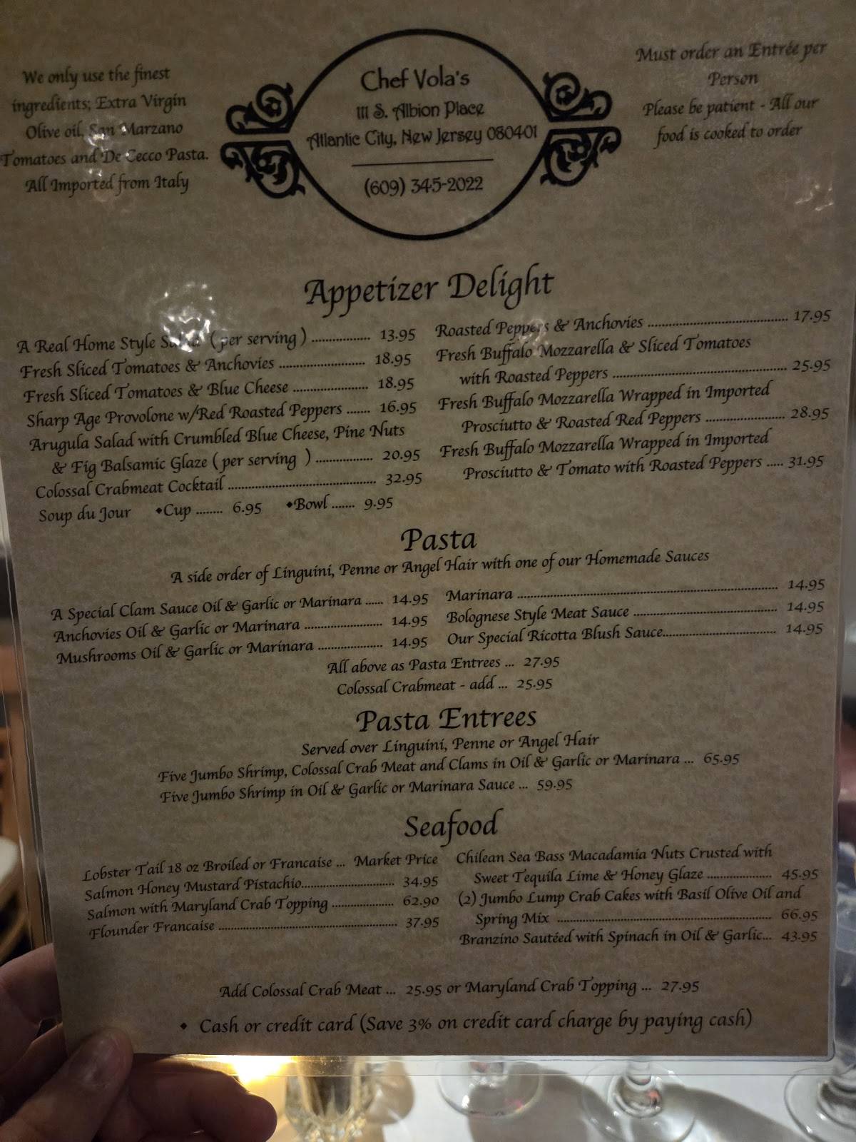 Menu at Chef Vola's restaurant, Atlantic City