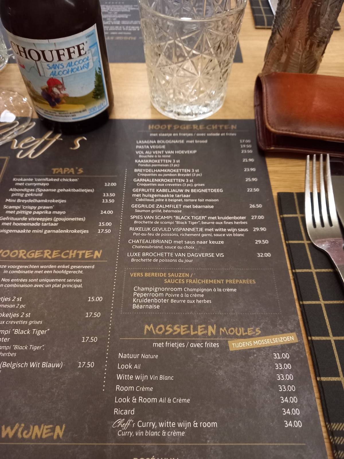 Menu at Cheff's steakhouse, Middelkerke