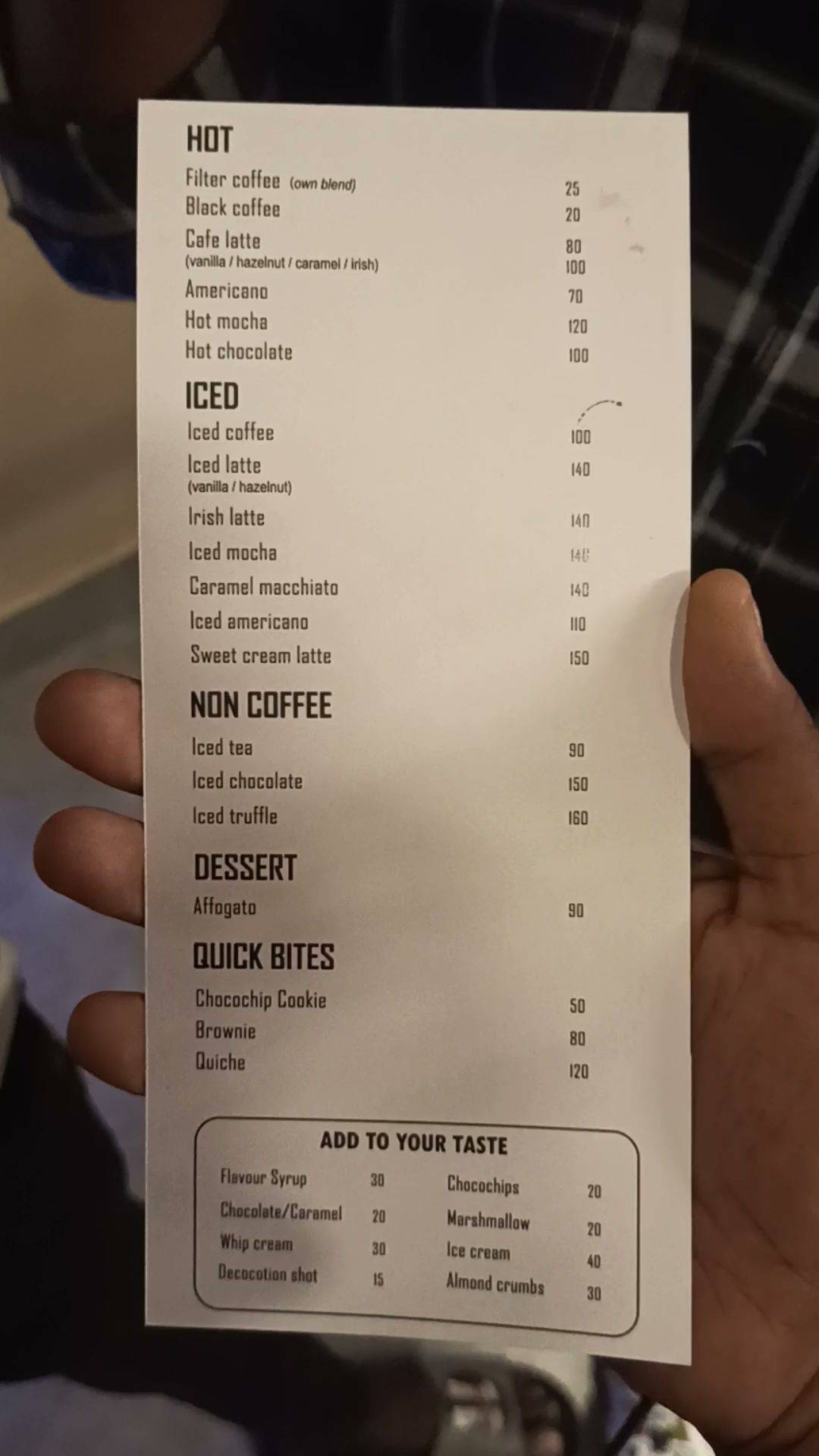 Menu at HALT., Chennai