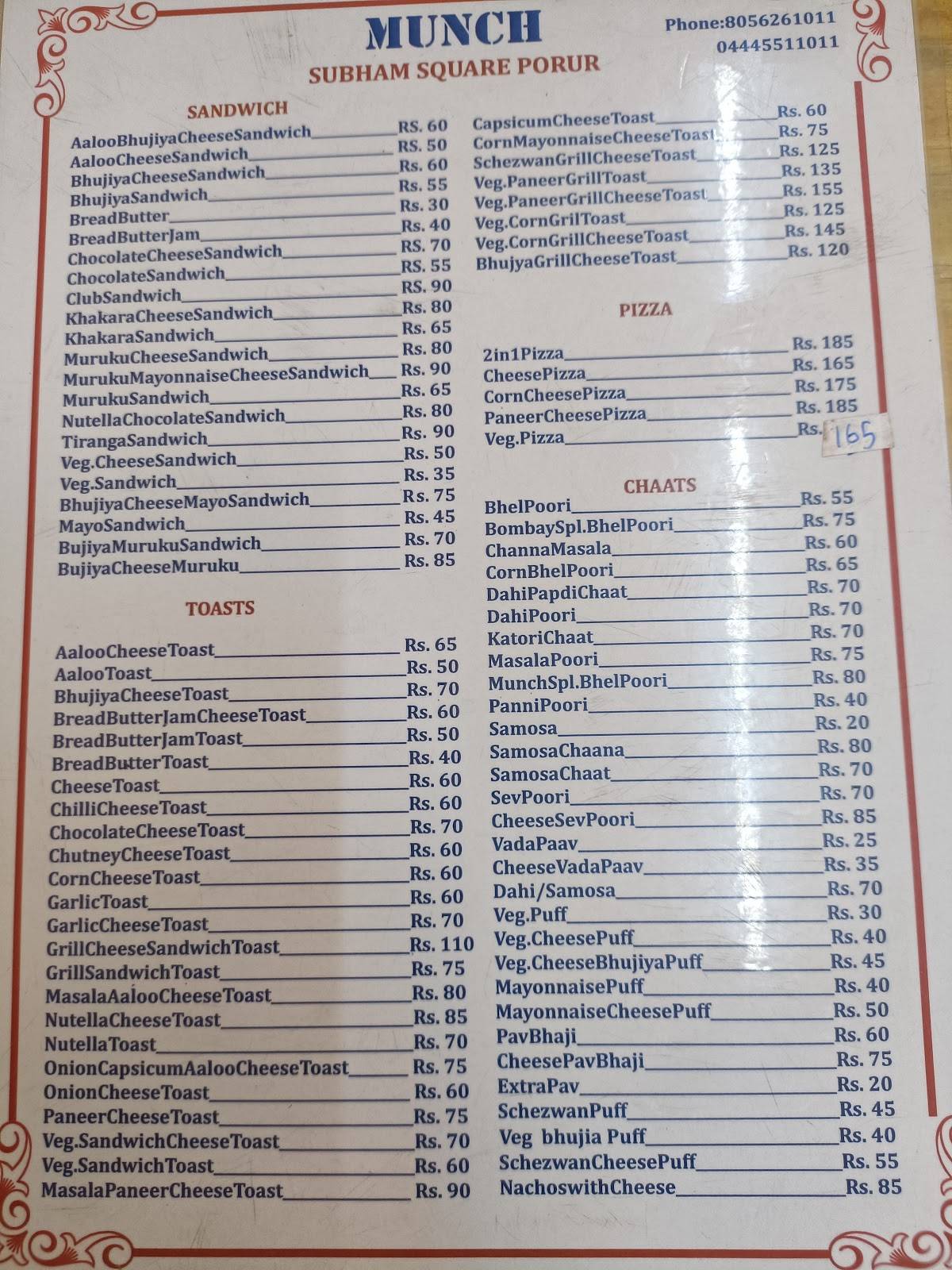Menu at Munch, Chennai, Shop no.37