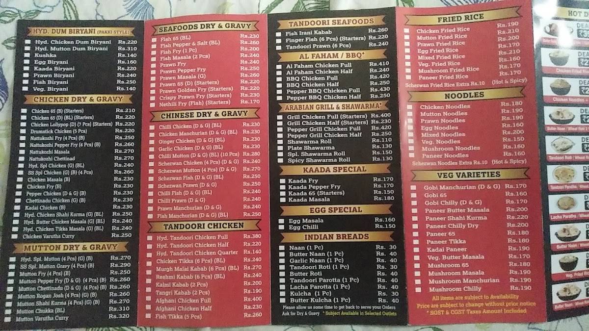 Menu at SS Hyderabad Biryani Saidapet, Chennai