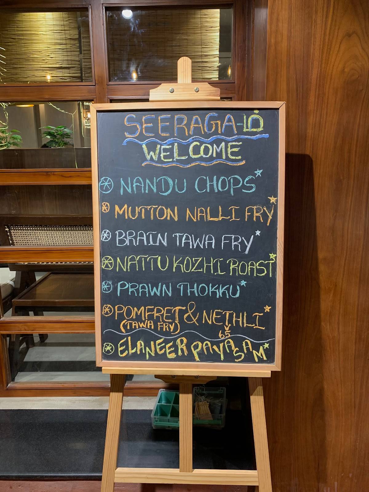 Menu at Seeragam, Chennai