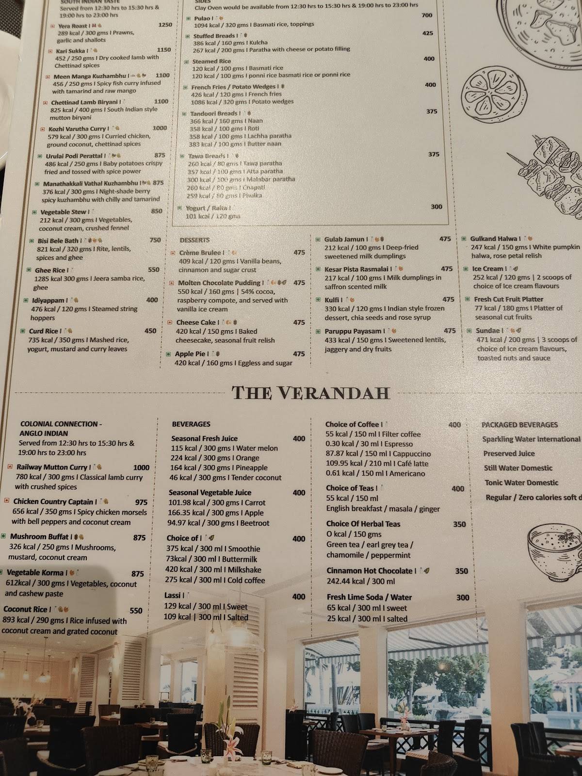 Menu at The Verandah, Chennai