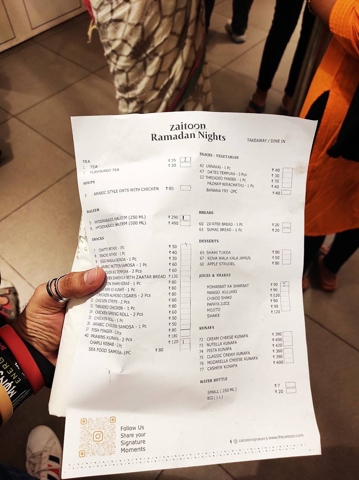 Menu at Zaitoon Signature, Chennai