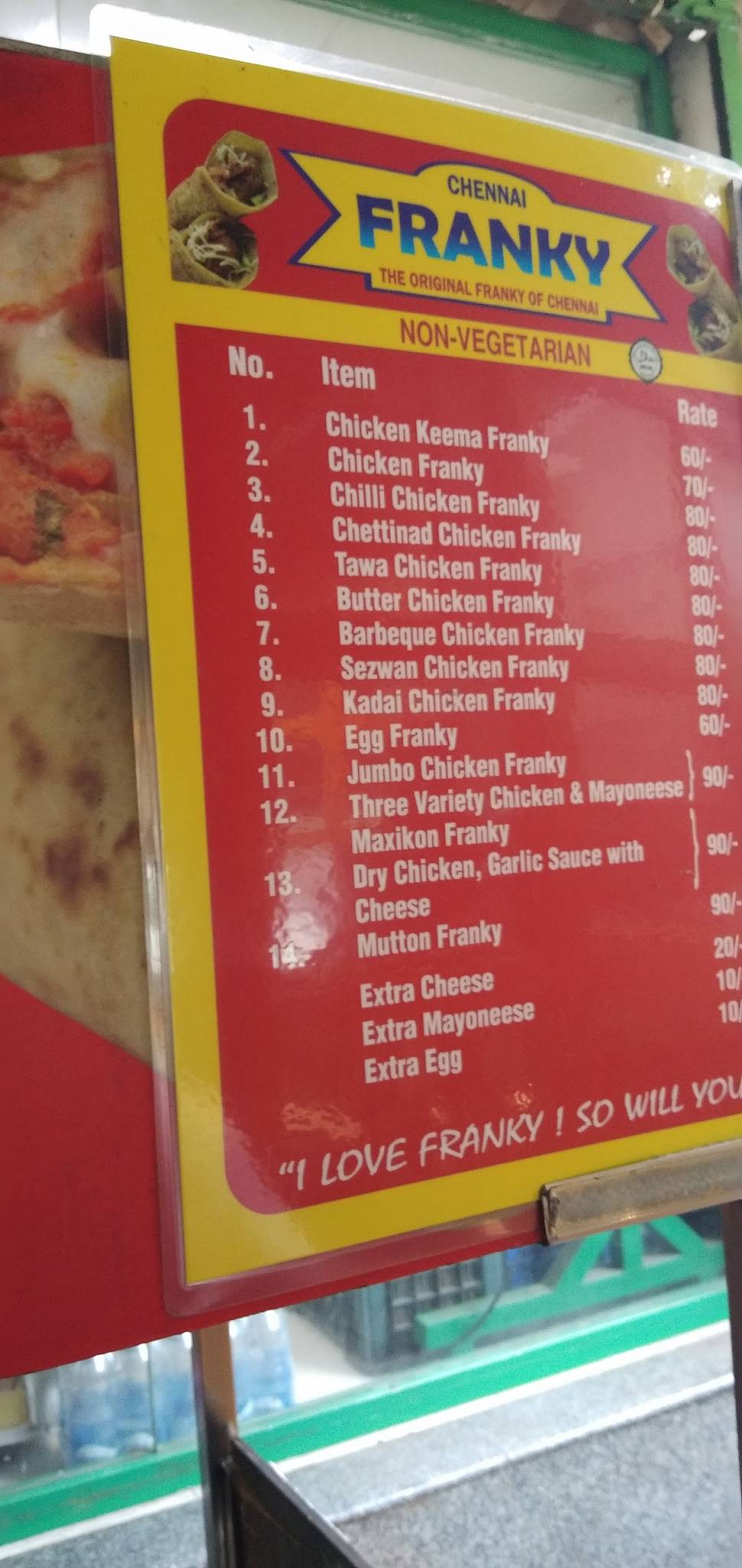 Menu at Chennai franky stall, Chennai