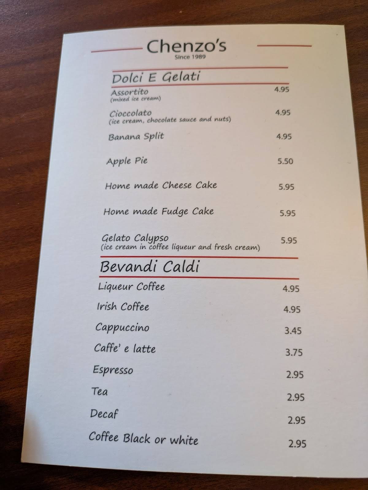 Menu at Chenzo's Restaurant, Broxburn