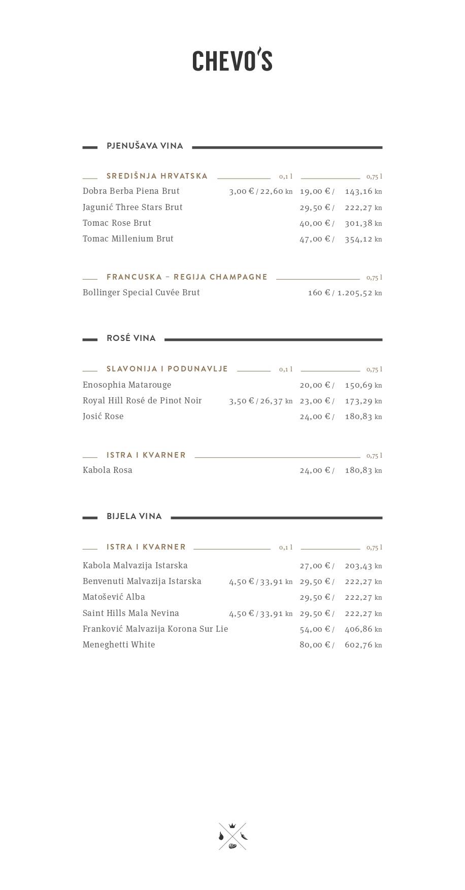 Menu at Chevos Grill restaurant, Zagreb, Adamičeva ul. 1