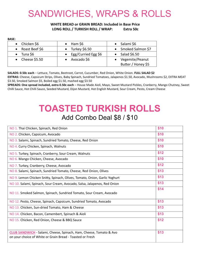 Menu at Chews on Hughes cafe, Batemans Bay
