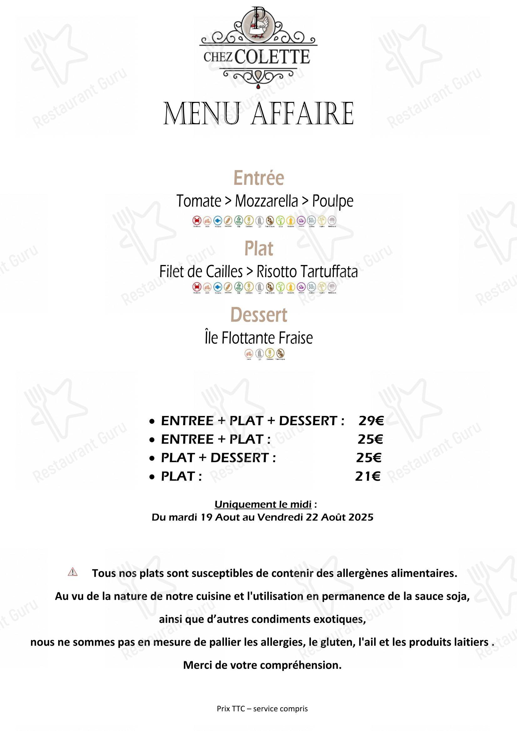 Menu au Chez Colette restaurant, Zimmersheim