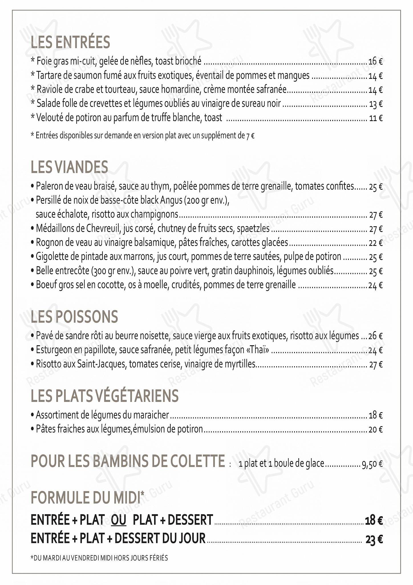Menu au Chez Colette restaurant, Zimmersheim