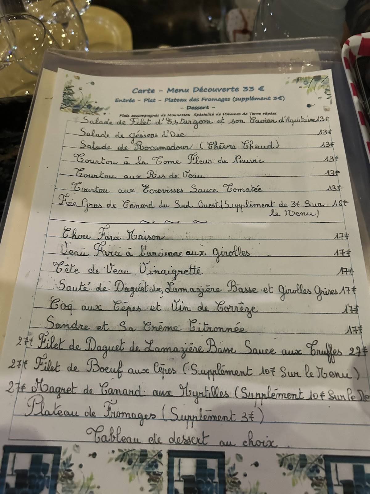 Menu au Chez Françoise Bleu restaurant, Meymac