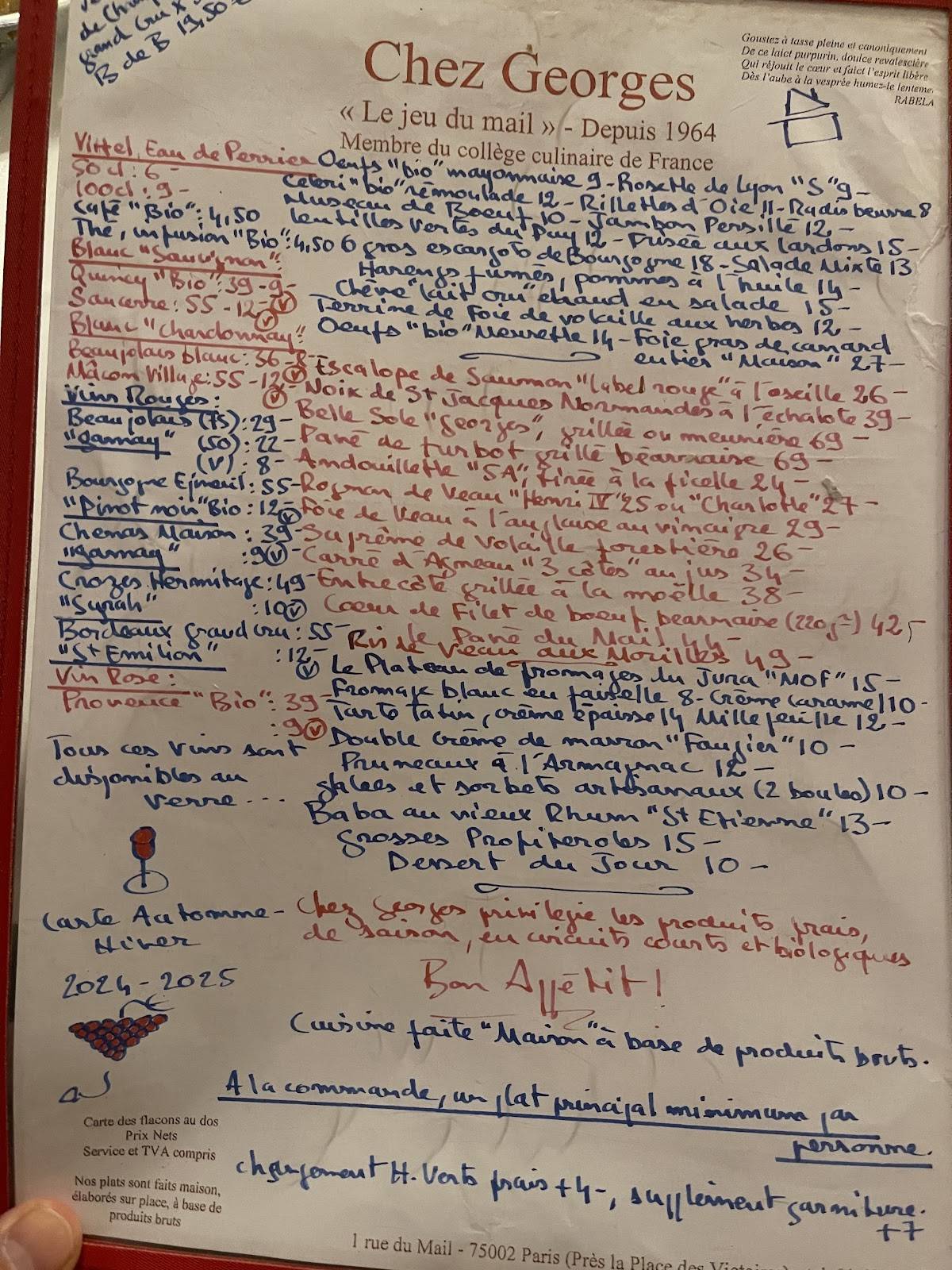 Menu au Chez Georges restaurant, Paris, 1 Rue du Mail