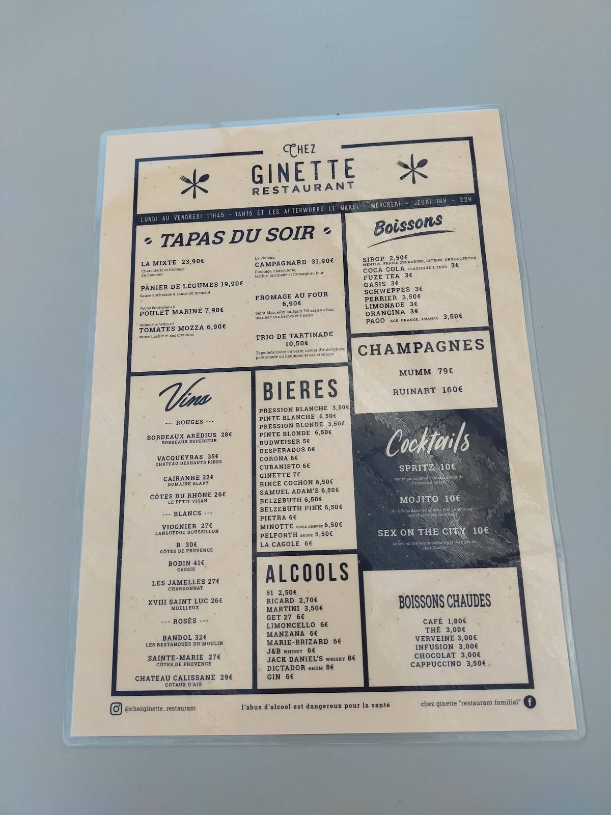 Menu au Chez Ginette restaurant, Saint-Victoret