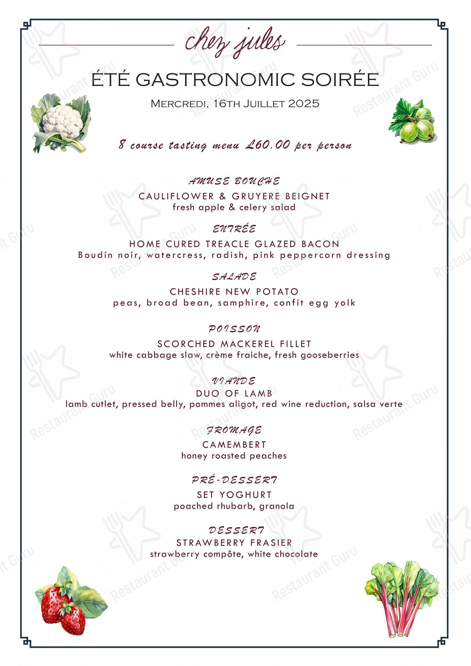 Menu at Chez Jules in Chester restaurant, Chester