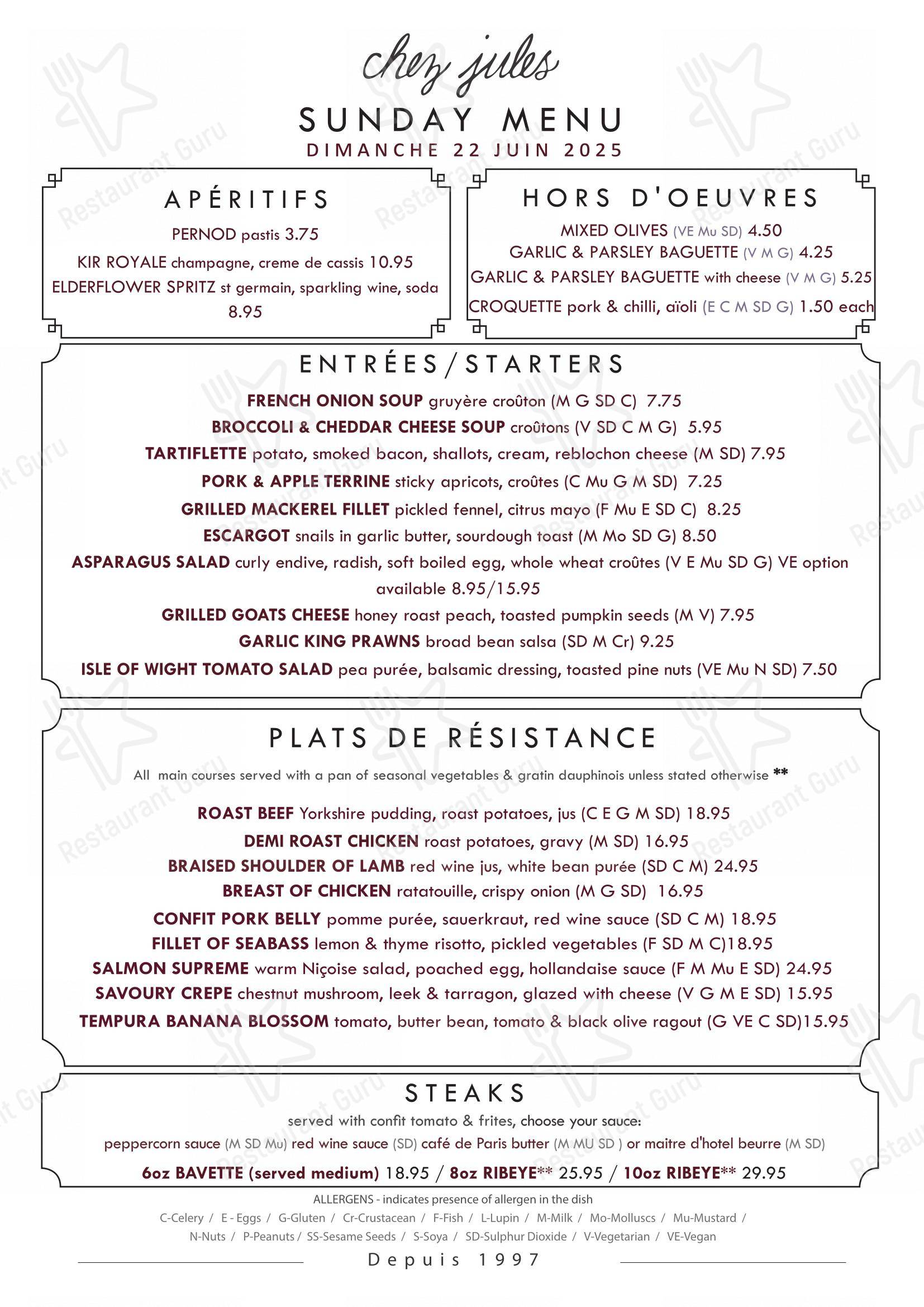 Menu at Chez Jules in Chester restaurant, Chester