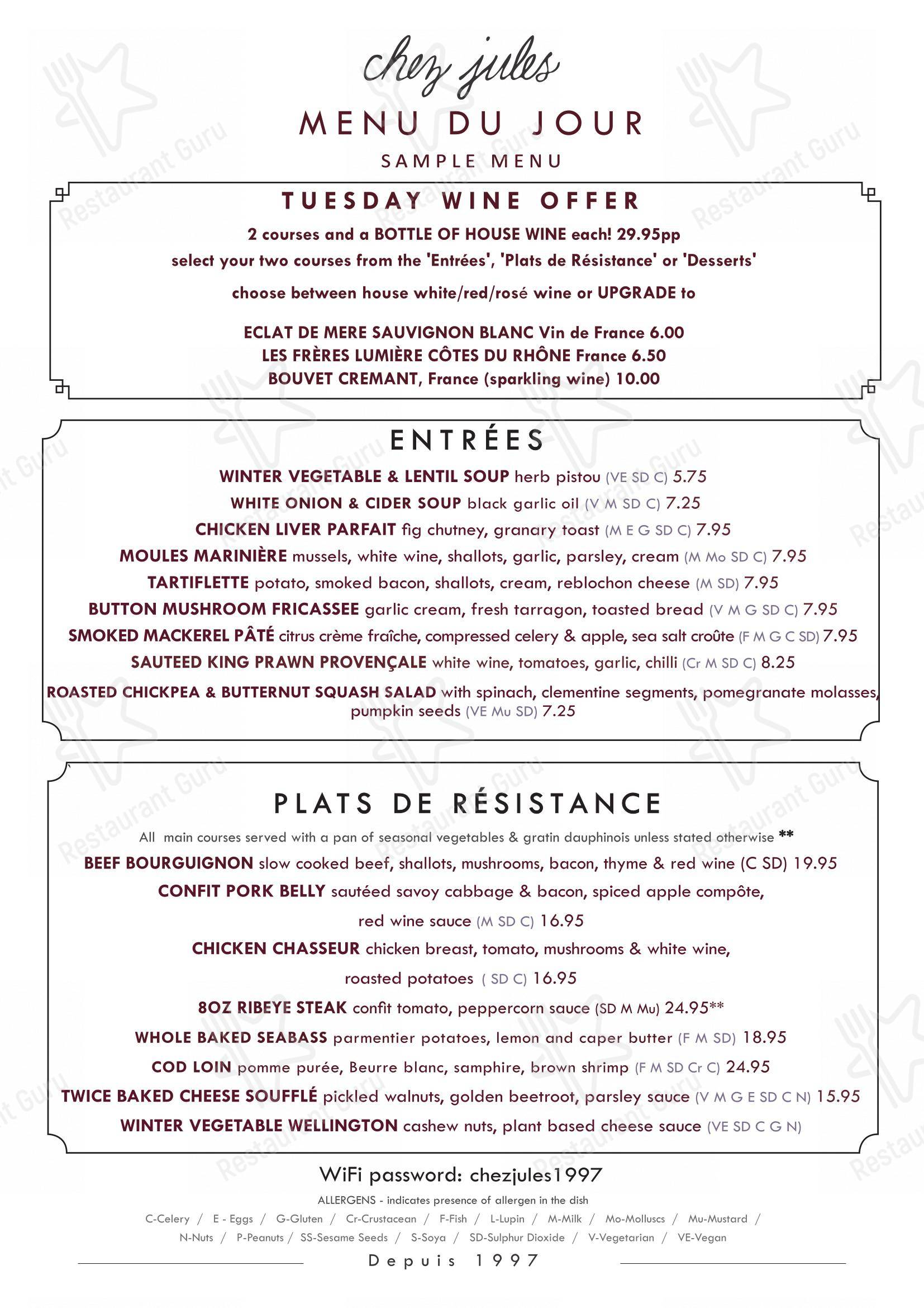 Menu at Chez Jules in Chester restaurant, Chester