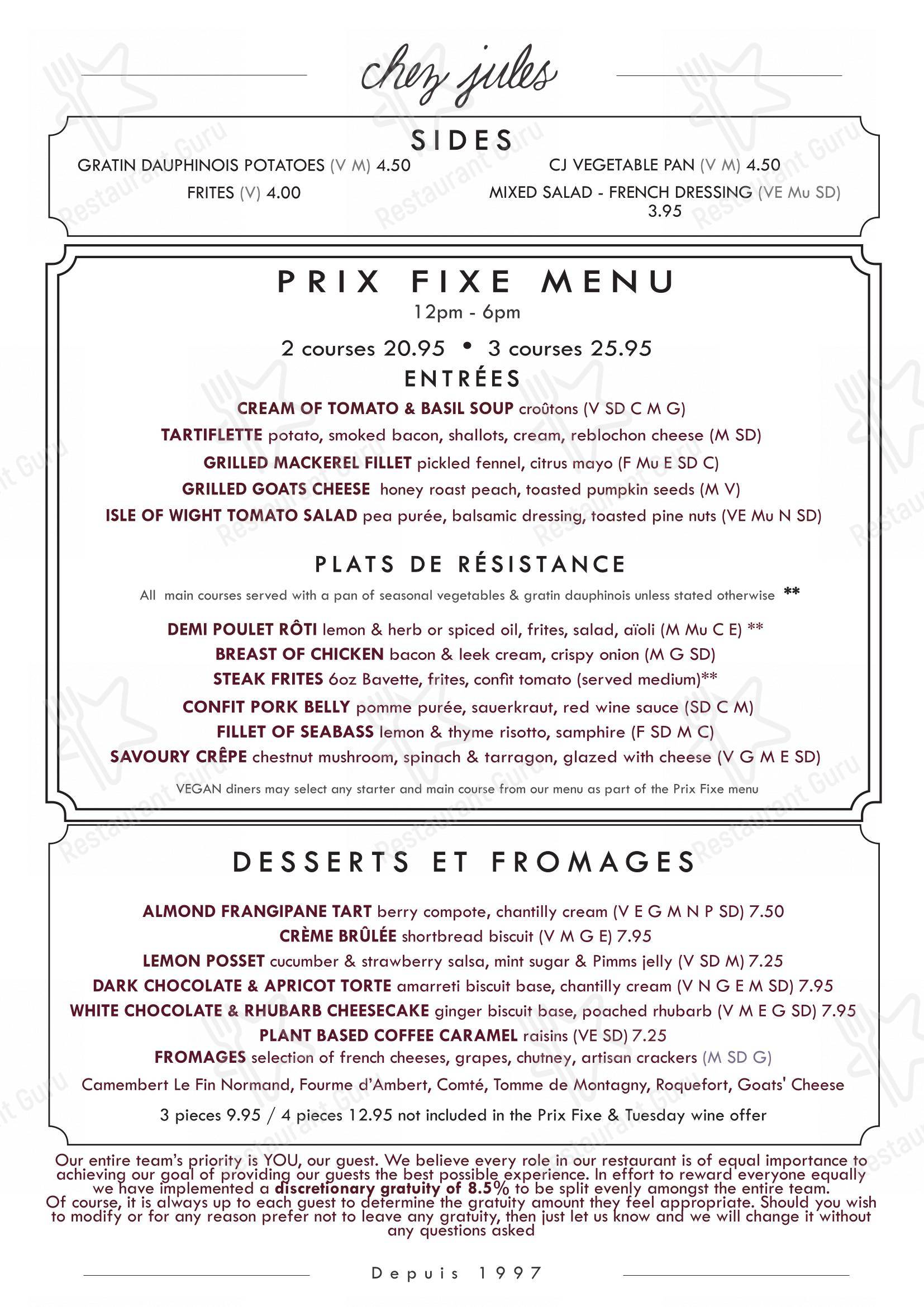Menu at Chez Jules in Chester restaurant, Chester