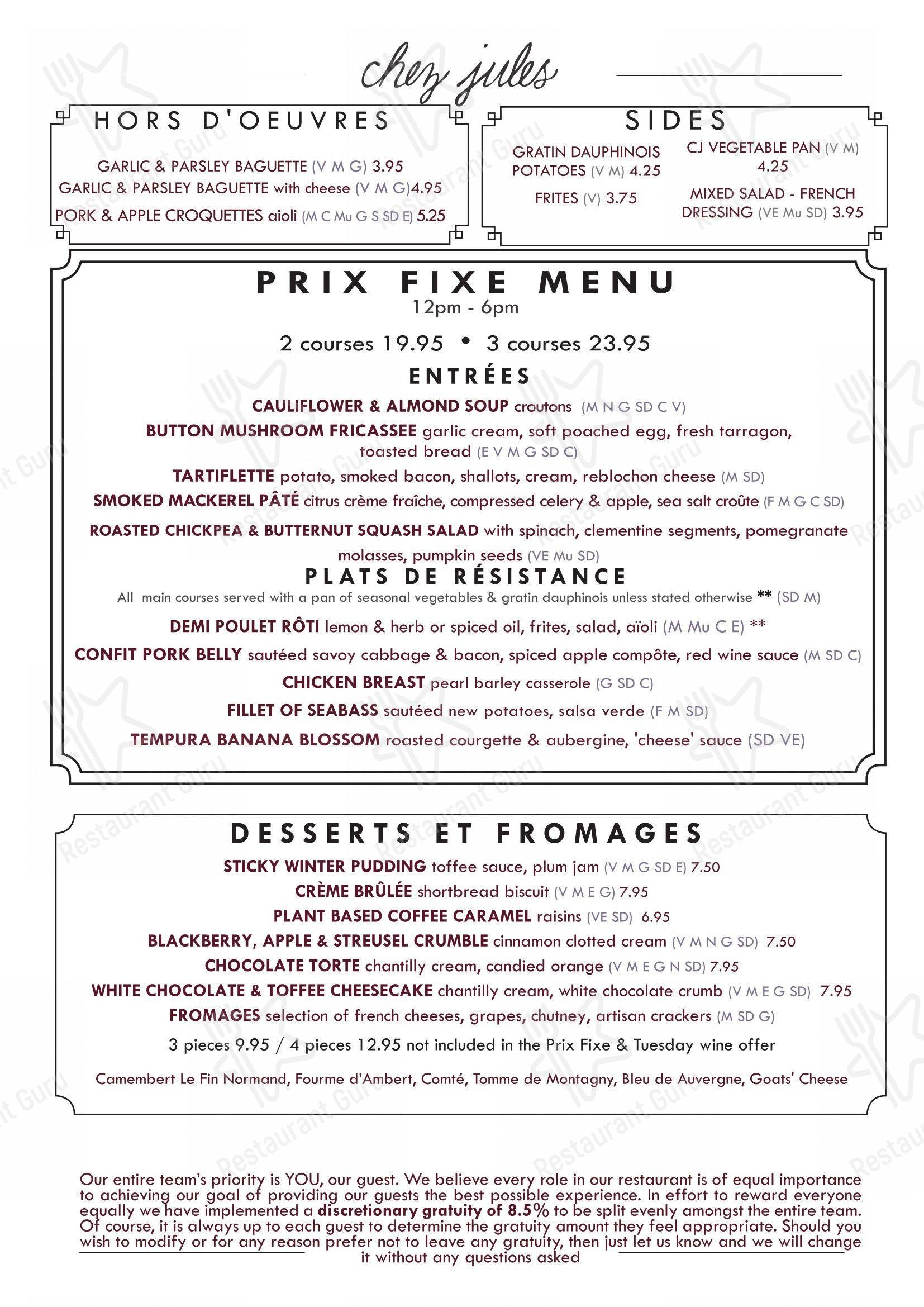 Menu at Chez Jules in Chester restaurant, Chester